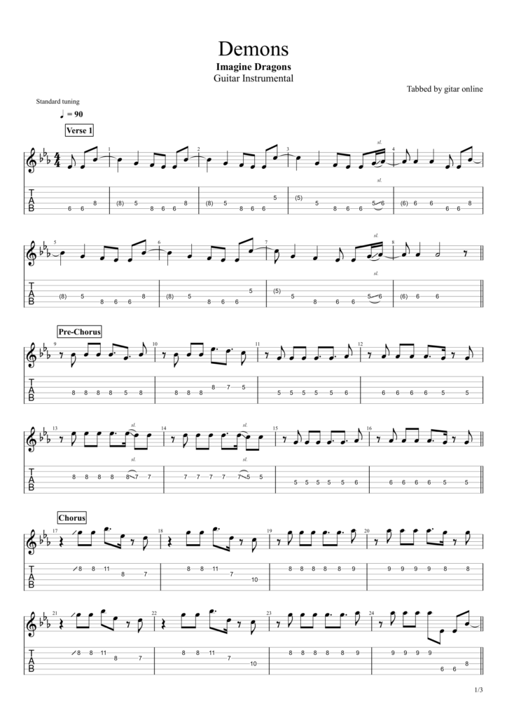 Demons – Imagine Dragons – Guitar Instrumental (PDF) - Gitar Online