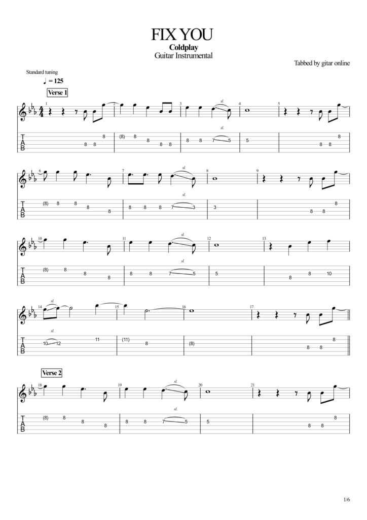 FIX YOU – Coldplay – Guitar Instrumental (PDF) - Gitar Online